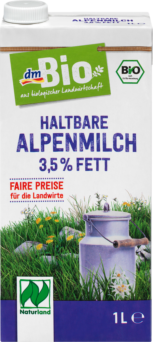 dmBio Milch, haltbare Alpenmilch 3,5 % Fett, Naturland, 1 l dauerhaft ... dmBio Milch, haltbare Alpenmilch 3,5 % Fett, Naturland, 1 l dauerhaft ...