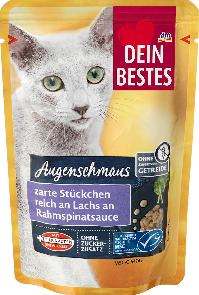 Dein Bestes Nassfutter Katze mit Lachs & Rahmspinatsauce, Augenschmaus ...