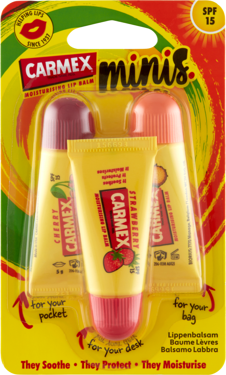 Carmex Carmex Mini ajakápolók 3x5g eper, cseresznye és ananász-menta ízzel, 15 g | dm.hu