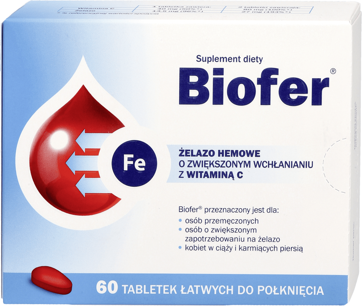 BIOFER Suplement diety uzupełniający niedobory żelaza, tabletki, 60 szt ...