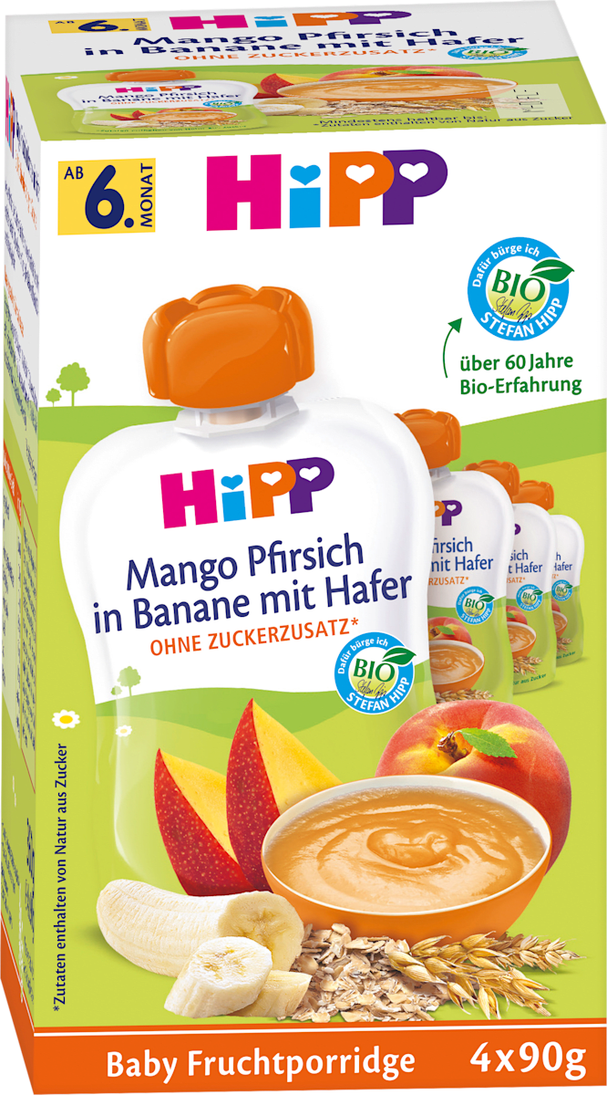 Hipp Quetschie Frucht-Porridge Mango-Pfirsich in Banane mit Hafer ab dem 6. Monat, 4x90g, 360 g ...