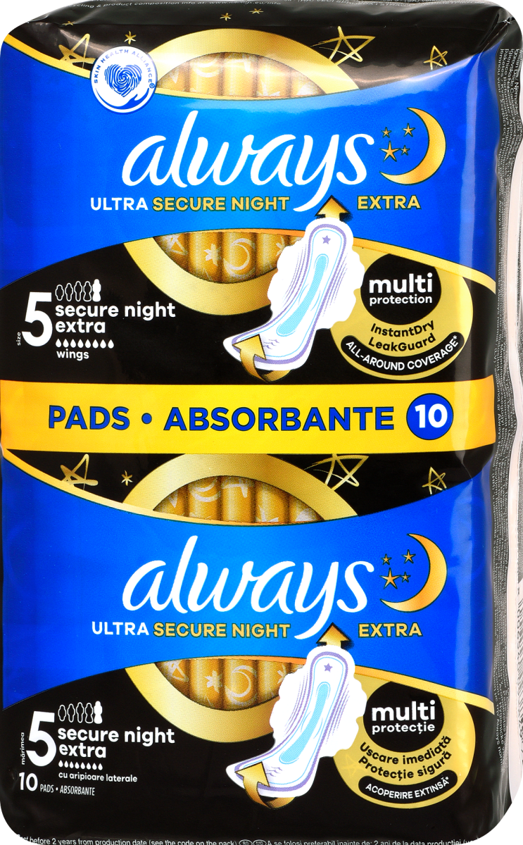 always vložky Ultra Secure Night Extra s křidélky, 10 ks | dm.cz