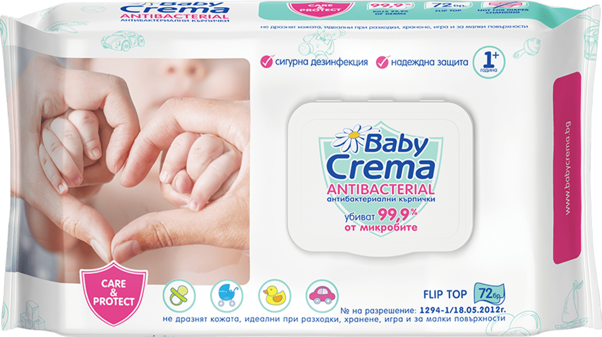 Baby Crema Влажни антибактериални кърпички, 72 бр. Пазарувай трайно изгодно онлайн