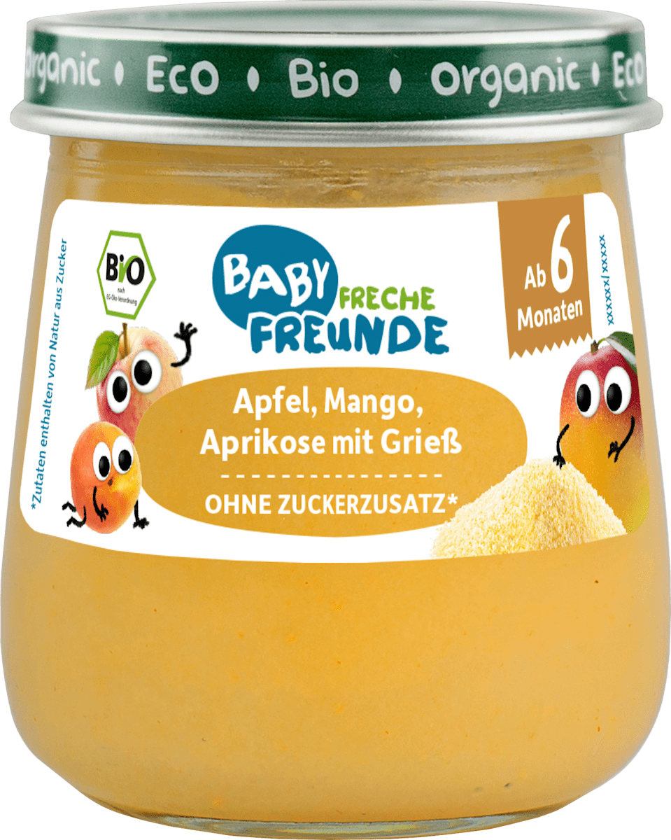 Freche Freunde Frucht & Getreide Apfel, Mango, Aprikose mit Grieß ab dem 6.Monat, 120 g ...
