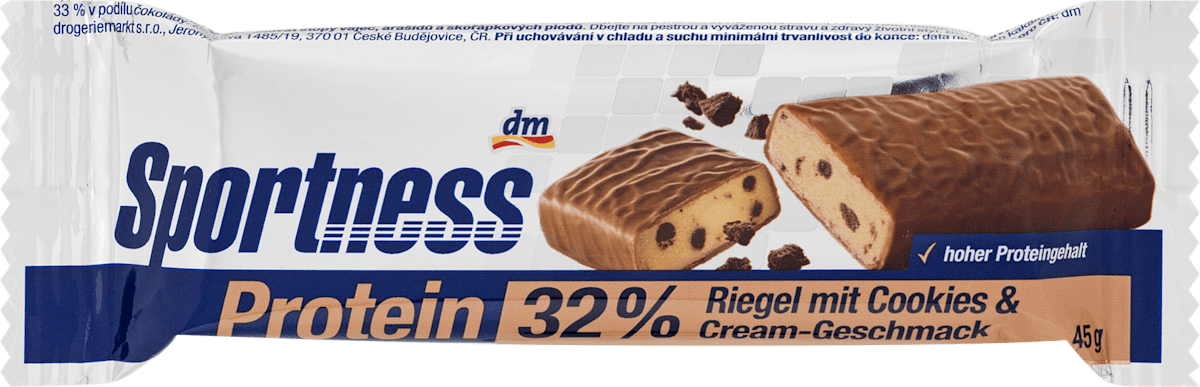 Sportness Proteinriegel 32%, Cookies & Cream Geschmack, 45 g dauerhaft ...