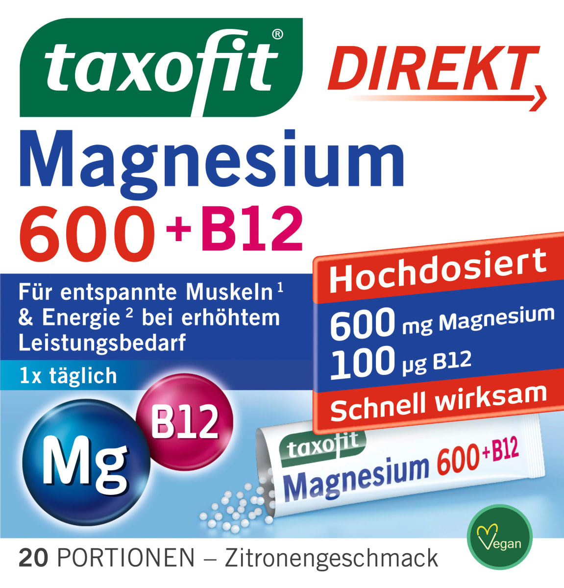 taxofit Magnesium 600 + B12 Direkt-Granulat 20 St, 40 g dauerhaft ...