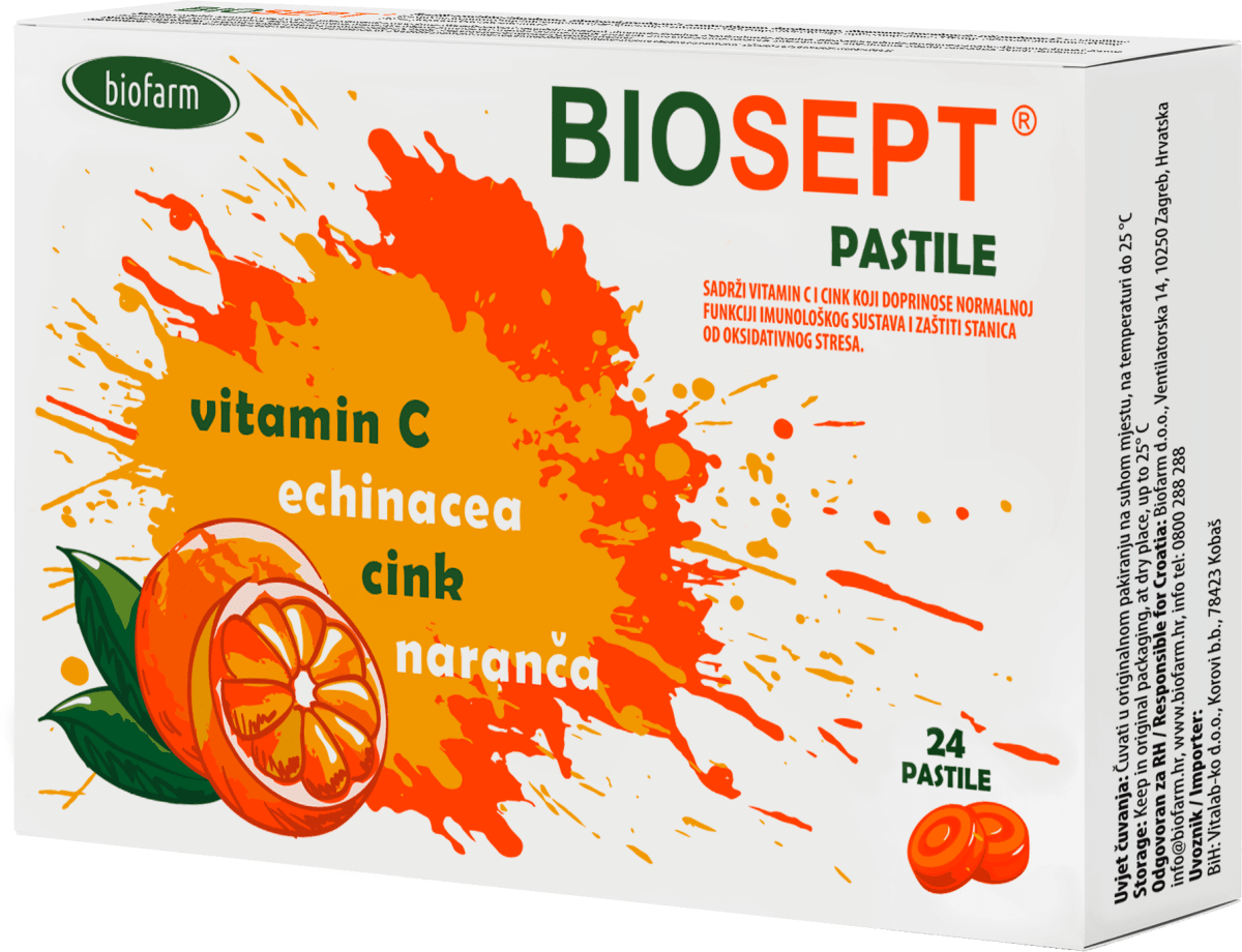 biofarm Biosept pastile za grlo – vitamin C, echinacea, naranča i cink ...