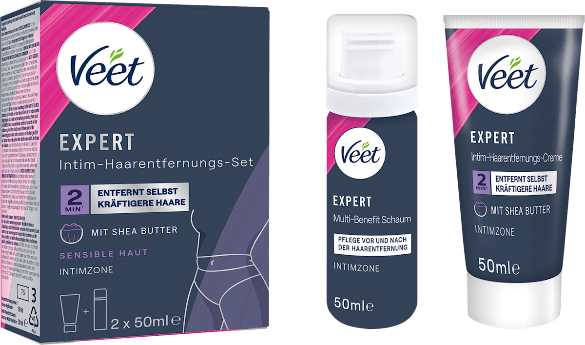Veet Intimbereich Set, Enthaarungscreme & Multi-Benefit-Schaum (2x50 ml), 100 ml dauerhaft ...