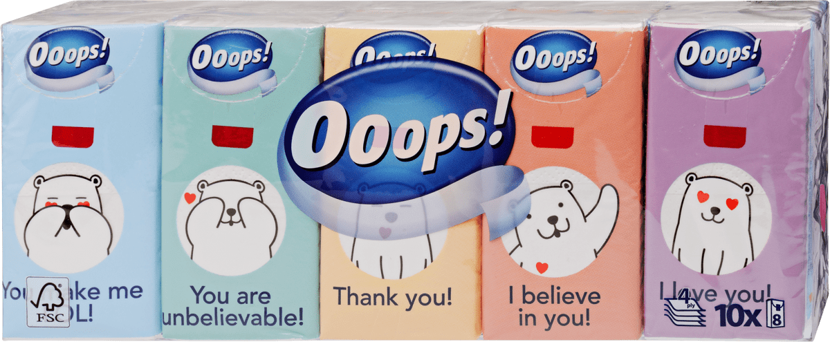 Ooops! Junior papír zsebkendő, 4 rétegű, 10x8 db, 80 db | dm.hu
