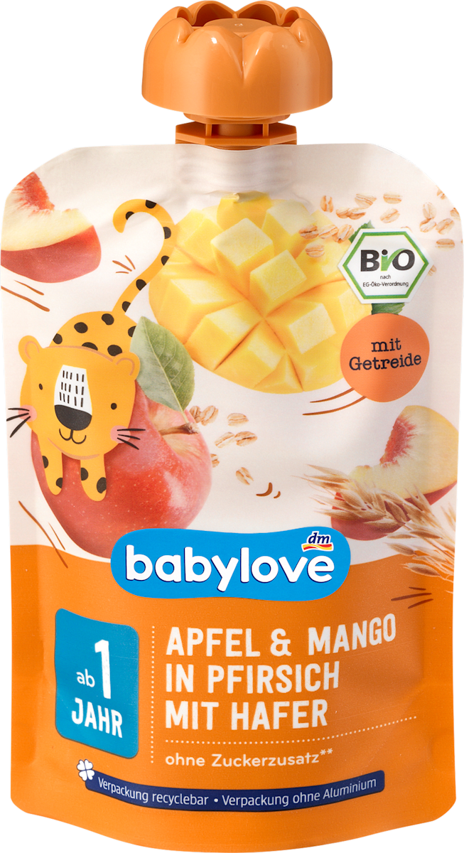 babylove Quetschie Apfel & Mango in Pfirsich mit Hafer recyclebar ab 1 Jahr, 100 g dauerhaft ...
