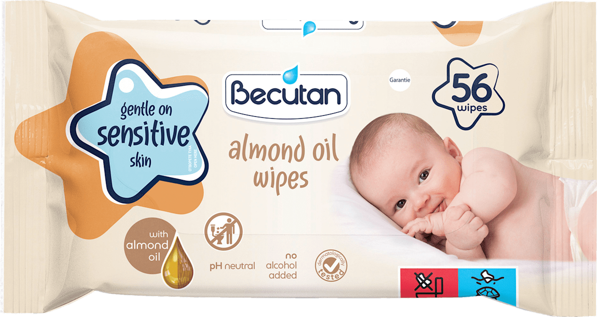 Becutan Otroški vlažni robčki z mandljevim oljem sensitive, 56 kos | dm.si
