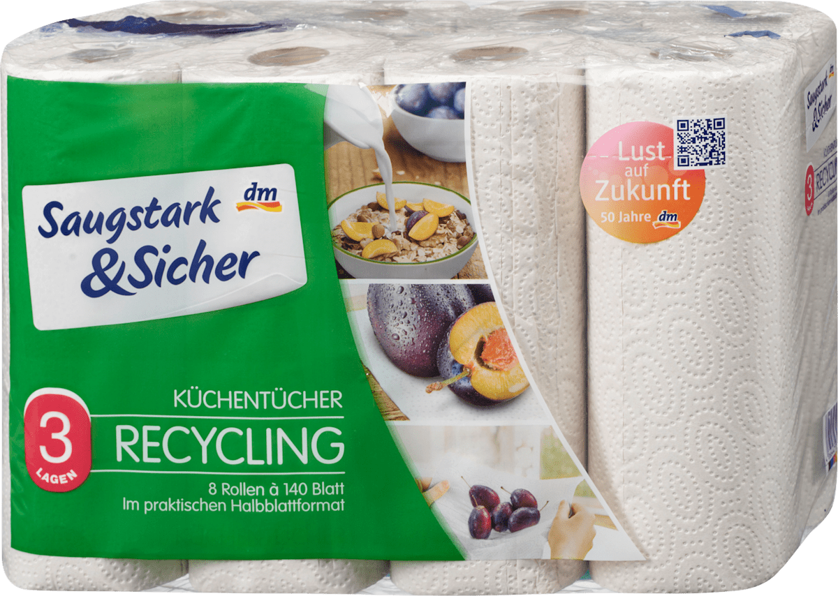 Saugstark&Sicher Küchenrolle Halbblatt Recycling 3-lagig (8x140 Blatt ...