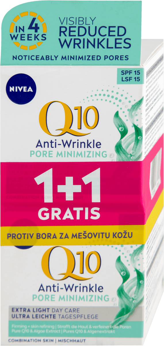 NIVEA Q10 Anti-Wrinkle PORE MINIMIZING dnevna krema protiv bora, 1+1 gratis, (50ml+50ml), 100 ml ...