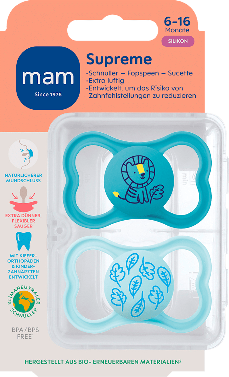 MAM Schnuller Supreme Silikon, blau, 6-16 Monate, 2 St dauerhaft ...