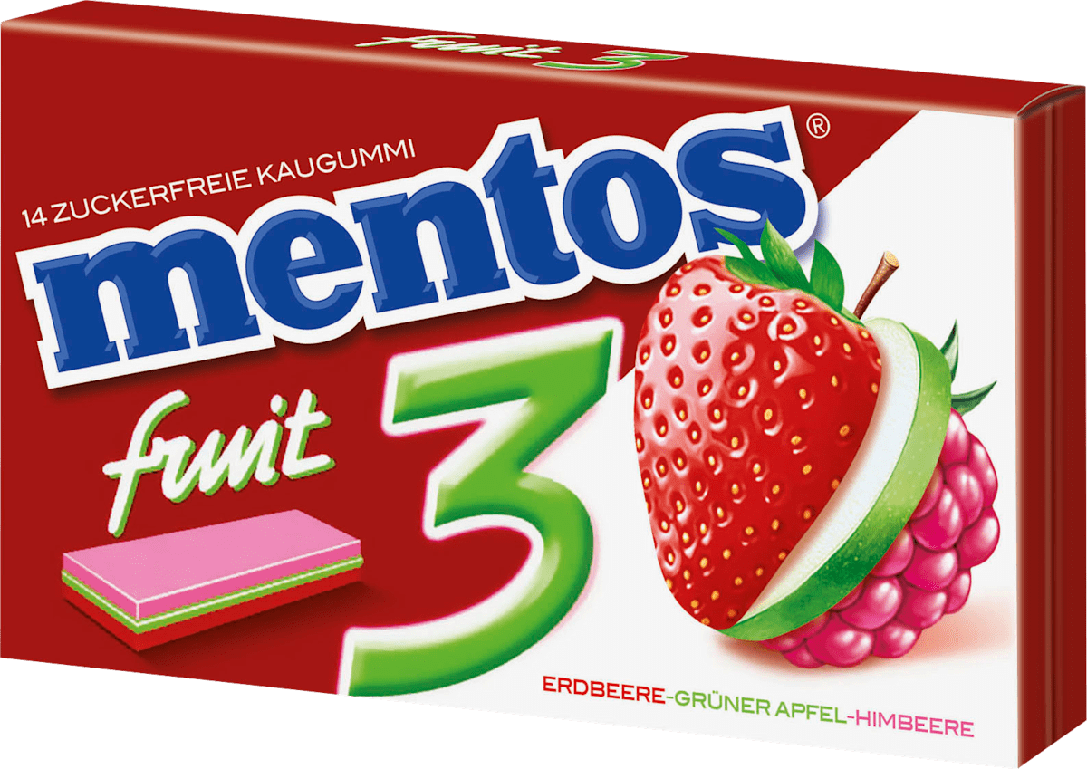 Mentos Kaugummi, Erdbeere, Grüner Apfel & Himbeere, zuckerfrei (14 Stück), 33 g dauerhaft ...