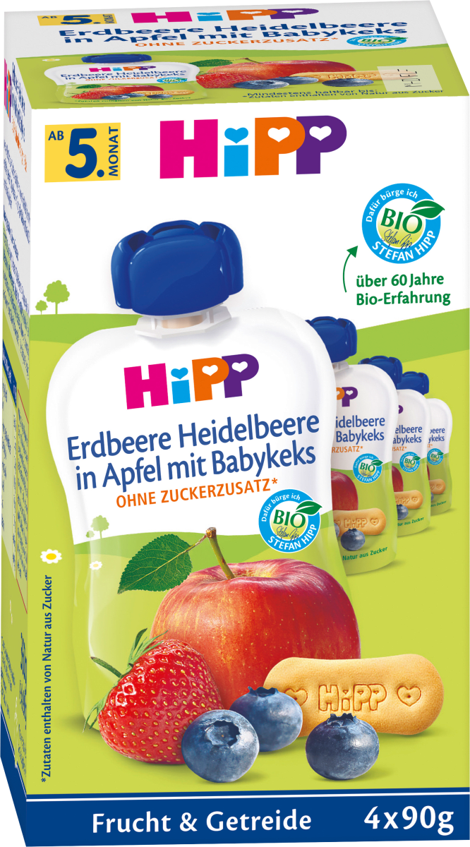 Hipp Quetschbeutel Erdbeere-Heidelbeere in Apfel & Babykeks, 4x90g, 360 g dauerhaft günstig ...