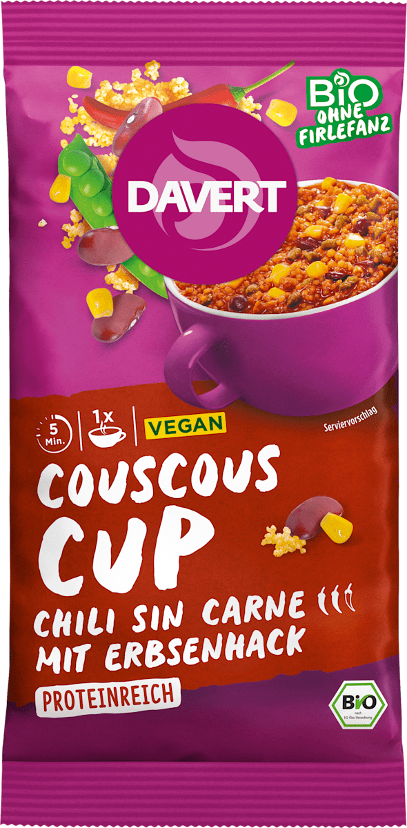 Davert Fertiggericht, Couscous Cup Chilli sin Carne mit Erbsenhack, 58 ...