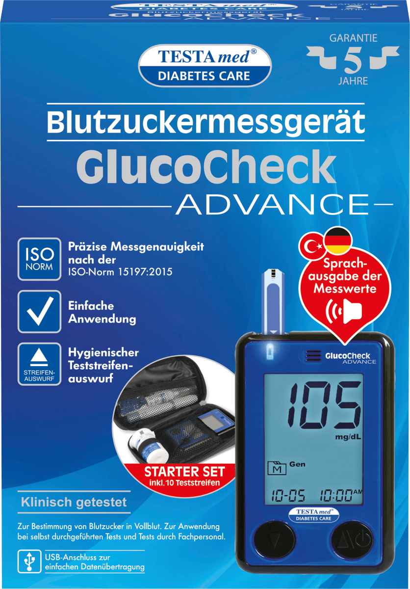 Testa med GlucoCheck ADVANCE Blutzuckermessgerät mit Sprachausgabe, 1 ...