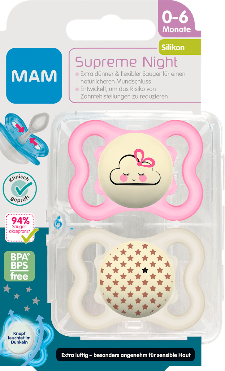 MAM Schnuller Supreme Night Silikon, rosa/creme, 0-6 Monate, 2 St ...