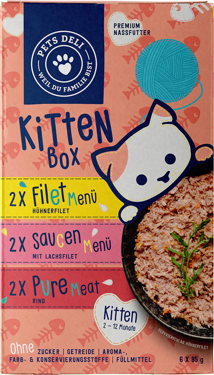 Pets Deli Nassfutter Katze Kitten mit Huhn, Lachs & Rind, Junior, Multipack (6x85 g), 510 g ...