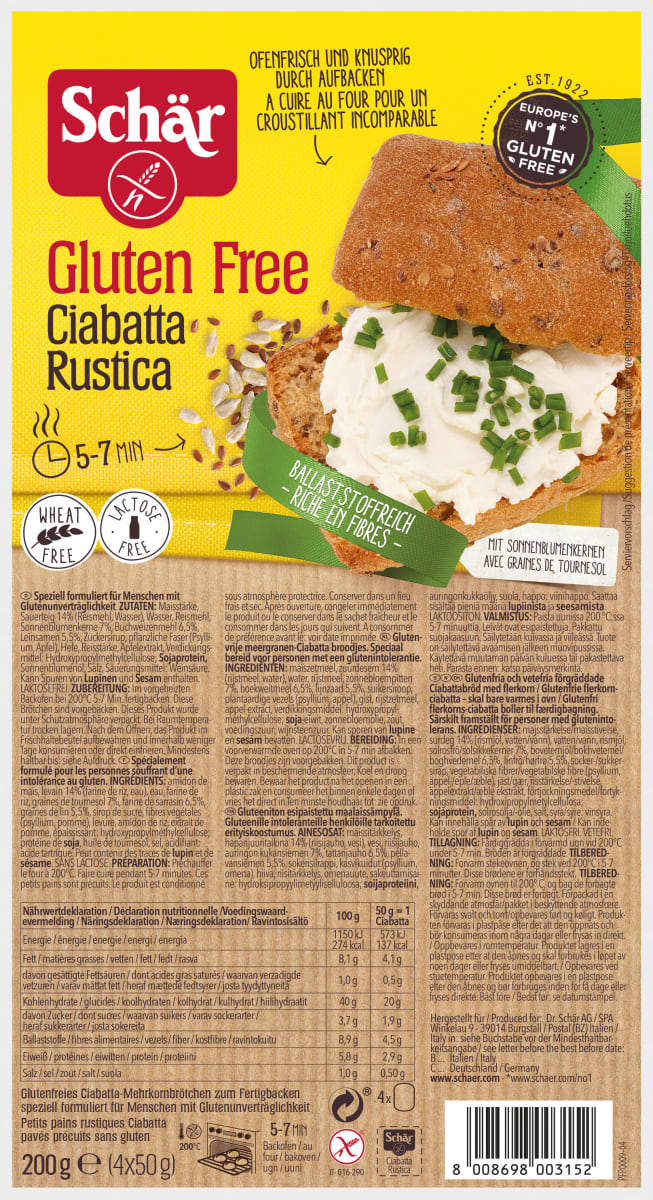 Schär Aufbackbrötchen Ciabatta Rustica glutenfrei (4 Stück), 200 g dm ...