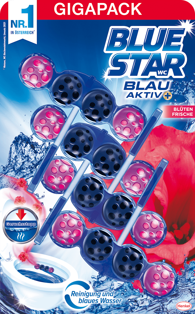 BLUE STAR Blau-Aktiv+ WC-Reiniger Blütenfrische Gigapack, 4 St dm ...