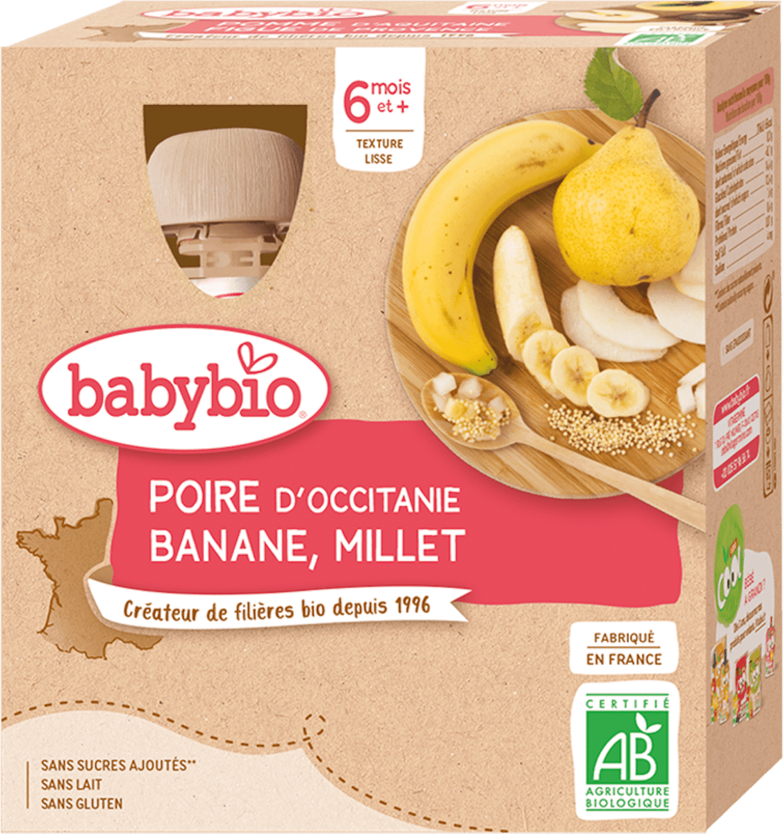 babybio bio příkrm v sáčku hruška, banán a proso 4x90 g, 360 g | dm.cz