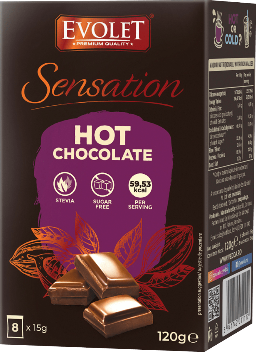 Evolet Ciocolată caldă fără zahăr, 120 g | dm.ro