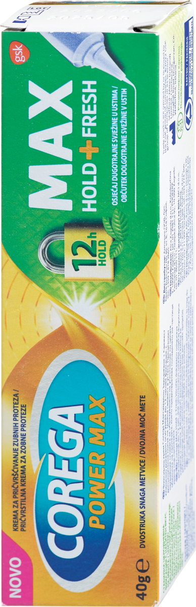 COREGA Pričvrstilna krema za zobne proteze Max Hold+Fresh, 40 g | dm.si