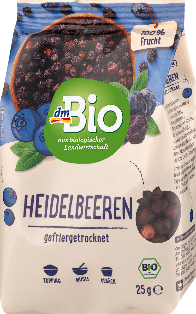 dmBio Trockenfrüchte, Heidelbeeren gefriergetrocknet, 25 g dauerhaft ...