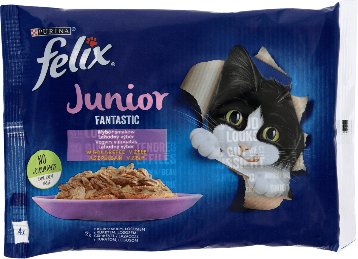 Felix Karma mokra dla kotów, kurczak i łosoś Junior (4x85g), 340 g kupuj w zawsze korzystnych ...