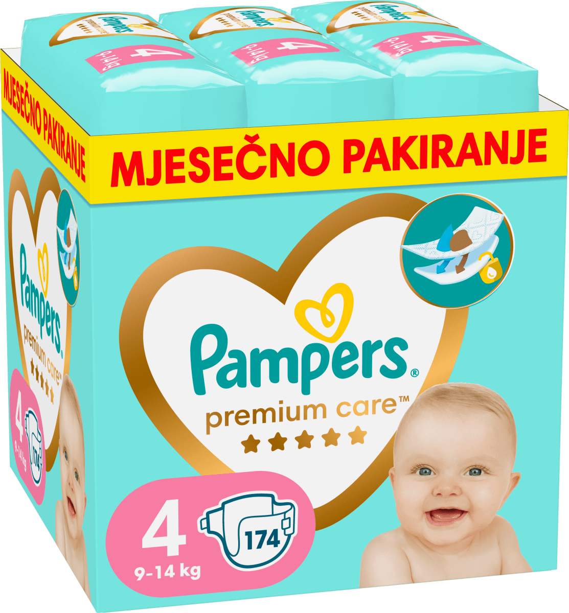 Pampers Premium Care Pelene mjesečno pakiranje vel. 4 (9 – 14 kg), 174 ...