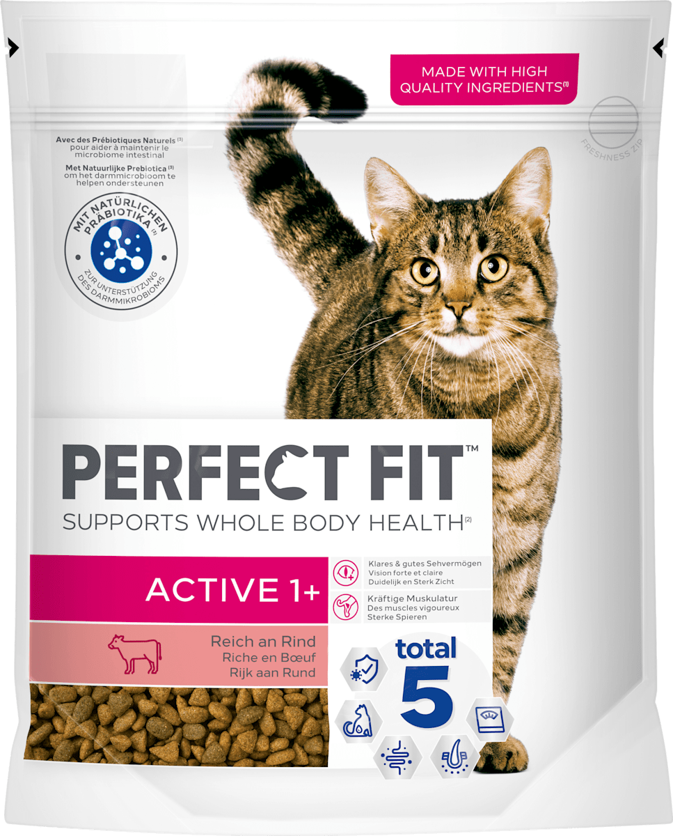 PERFECT FIT Trockenfutter Katze active 1+ Reich an Rind, 750 g | dm.at