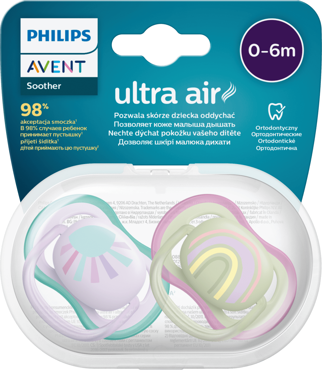PHILIPS AVENT Silikonski dudi Ultra Air, 0-6m, lila in zelena, 2 kos ...
