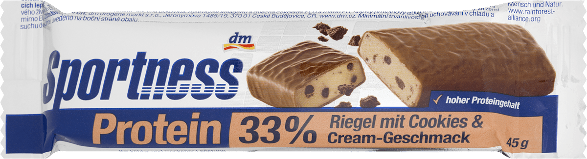 Sportness Proteinriegel 33%, Cookies & Cream Geschmack, 45 g dauerhaft ...