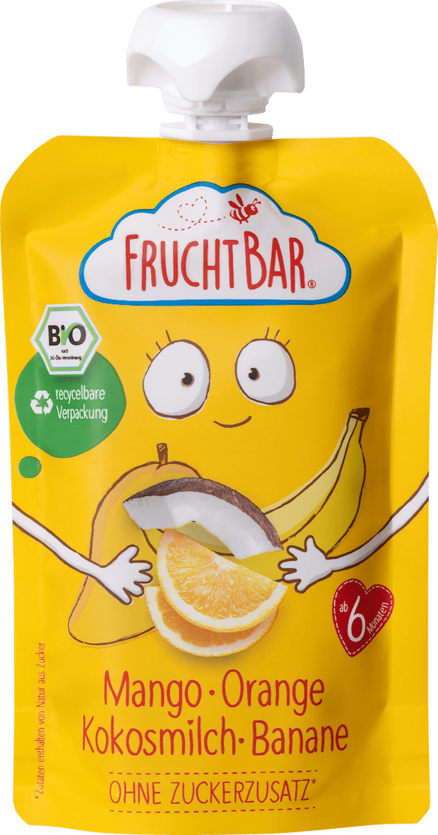 FruchtBar Bio gyümölcspüré mangó-narancs-kókusz-banán 6 hónapos kortól ...
