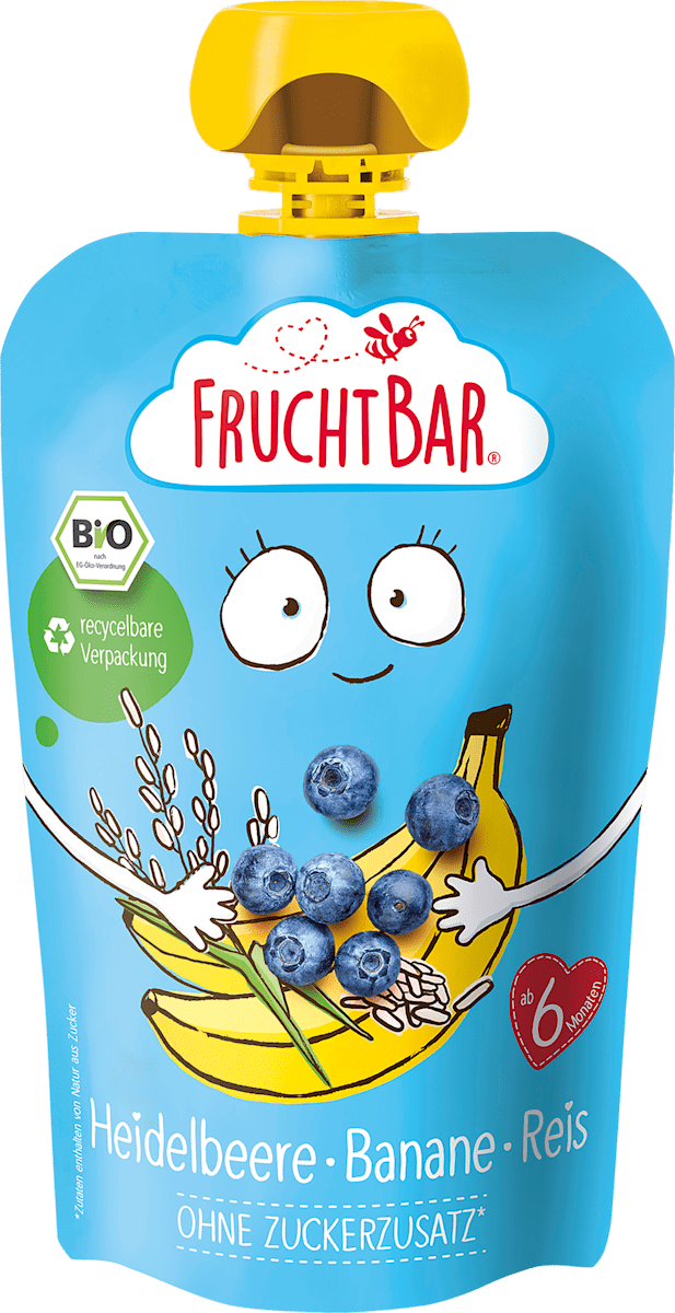 FruchtBar Bio gyümölcspüré áfonya-banán-rizs 6 hónapos kortól, 100 g ...