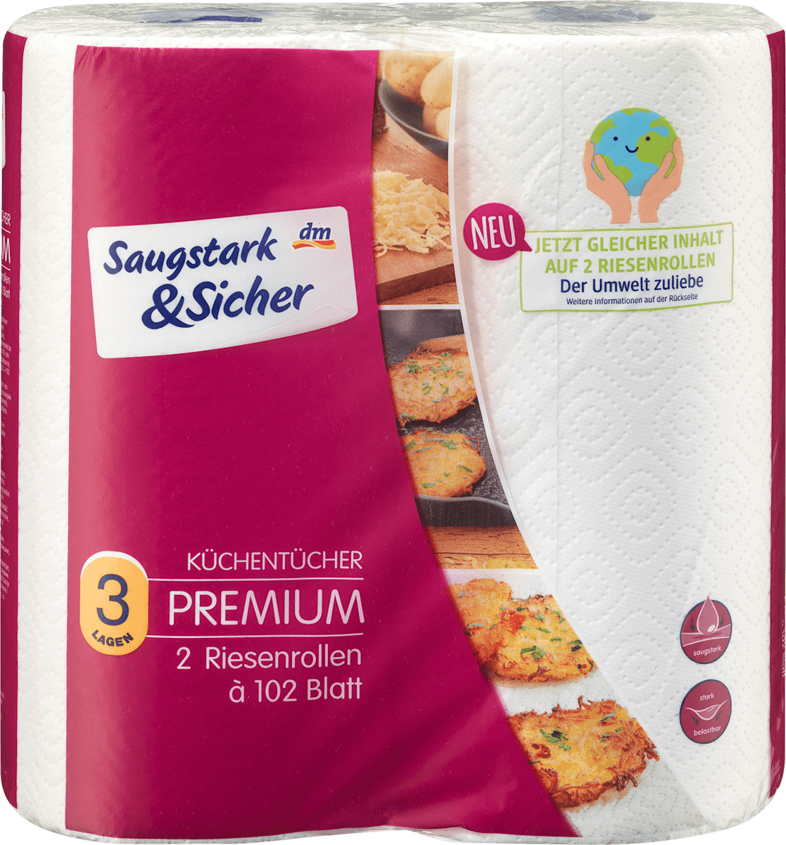 Saugstark&Sicher Papírtörlő Prémium, 3-rétegű, 2x102 lap, 2 db ...