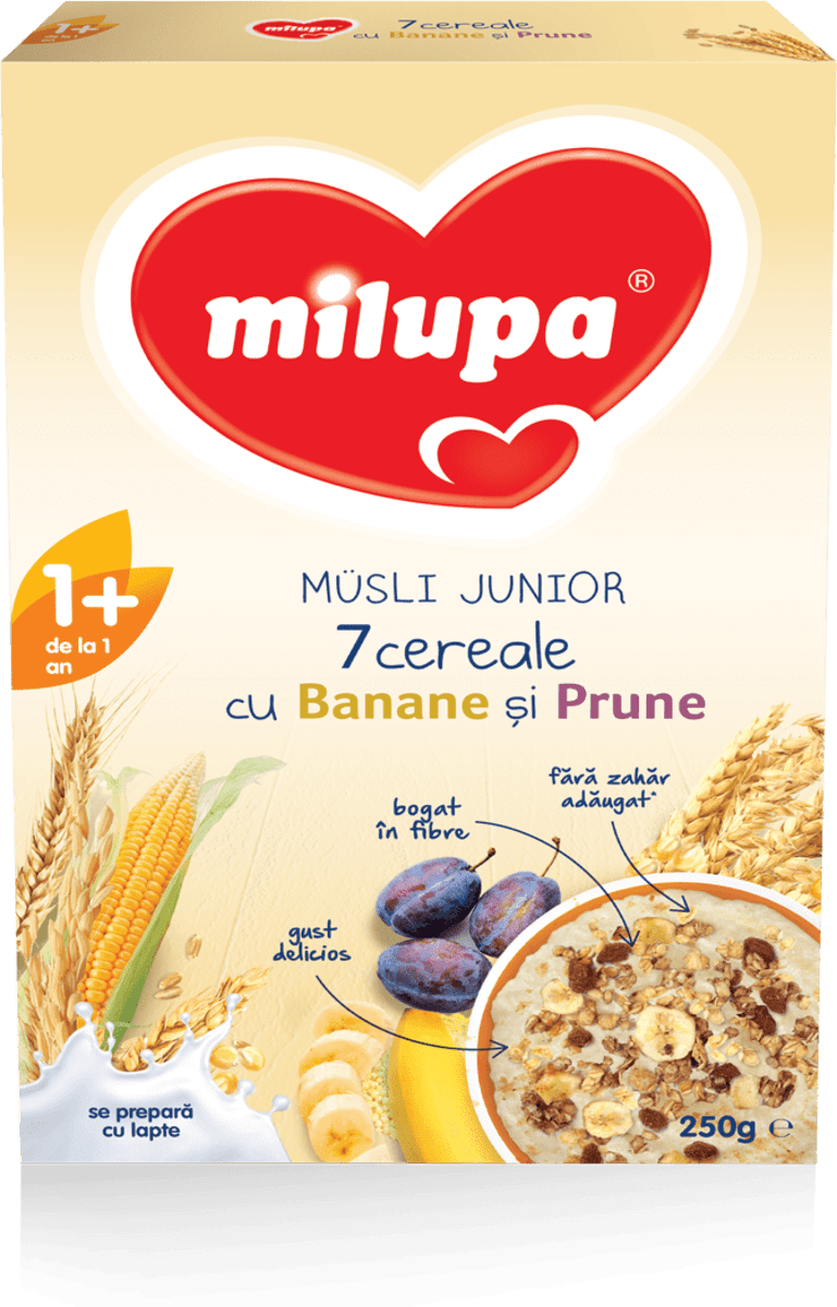 Milupa Musli Junior 7 cereale cu banane și prune 1+, 250 g | dm.ro