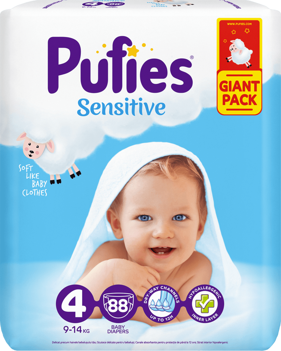 Pufies Sensitive pelene - veličina 4, (9-14 kg) GIANT PACK, 88 kom | dm.rs