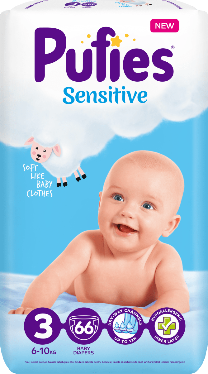 Pufies Sensitive pelene za bebe - veličina 3, (6-10 kg), 66 kom | dm.rs