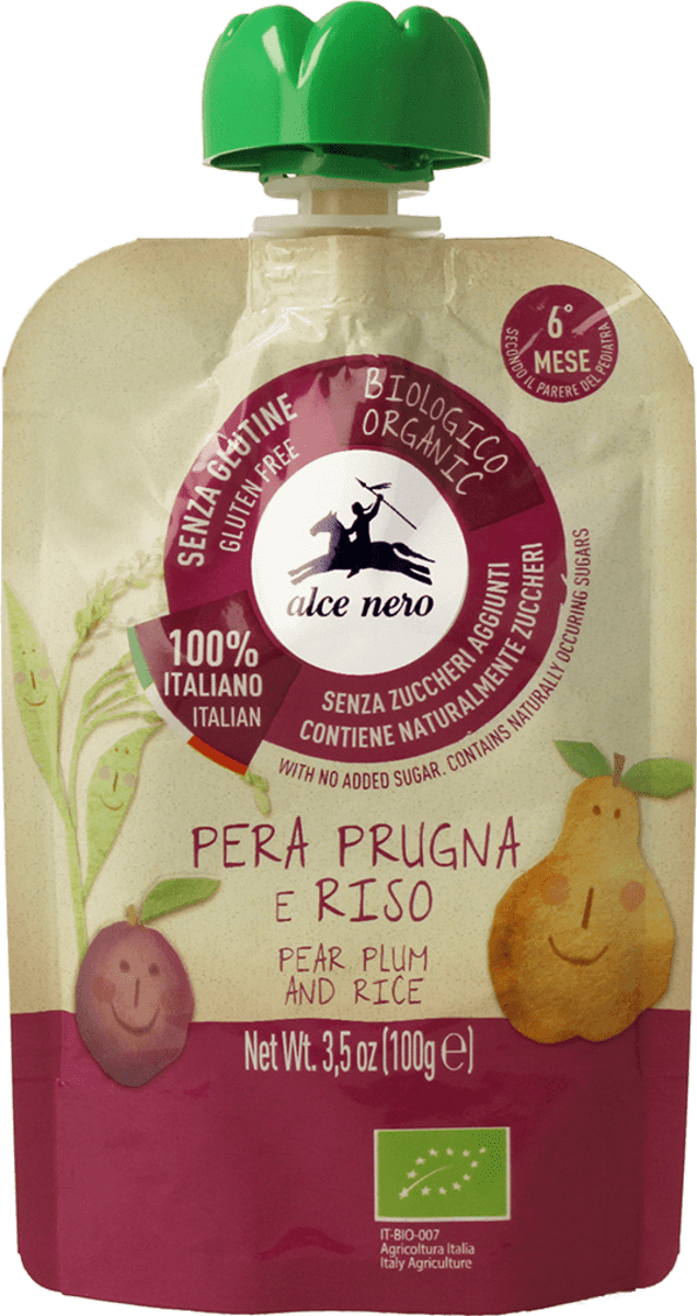 alce nero Purea bio di pera prugna e riso, 100 g | dm Italia