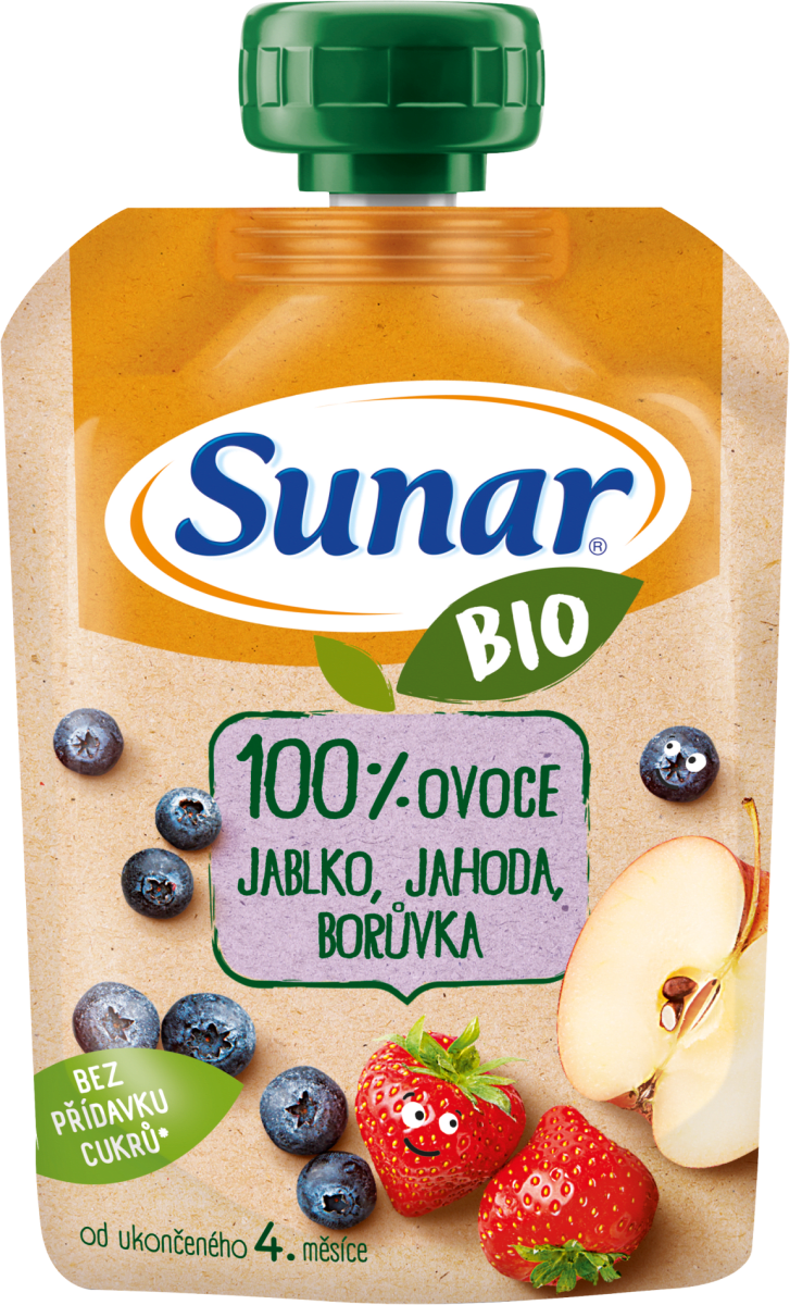 Sunar BIO ovocná kapsička jablko, jahoda, čučoriedka 4m+, 100 g | mojadm.sk