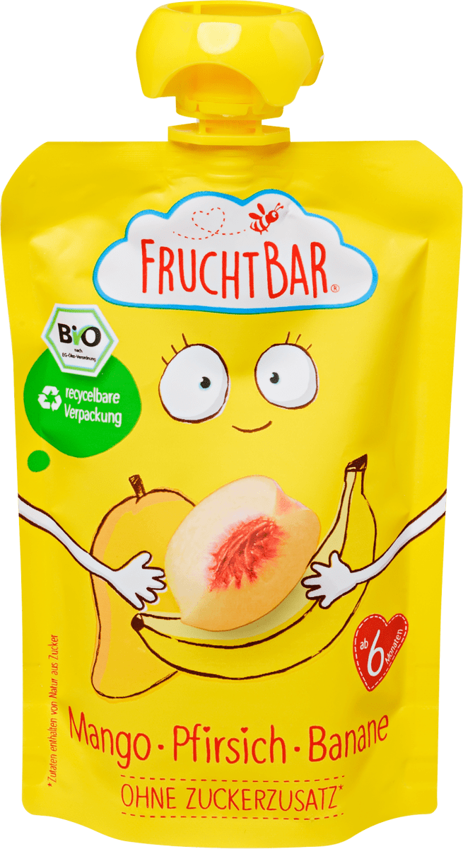 FruchtBar Bio gyümölcspüré mangó-őszibarack-banán, 100 g | dm.hu