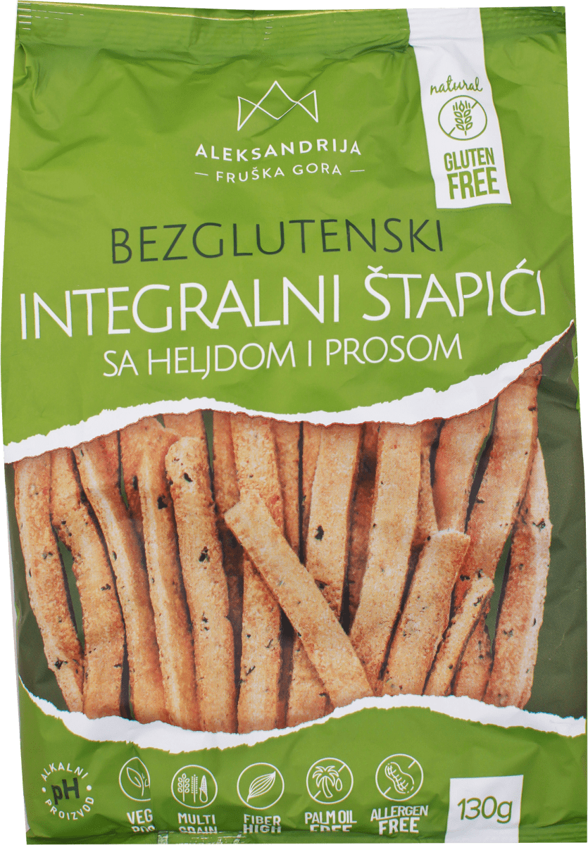 Aleksandrija BEZGLUTENSKI INTEGRALNI ŠTAPIĆI SA HELJDOM I PROSOM, 130 g ...