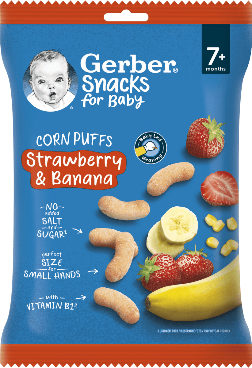 Gerber Snacks kukuřičné křupky s příchutí jahody a banánu, 28 g | dm.cz