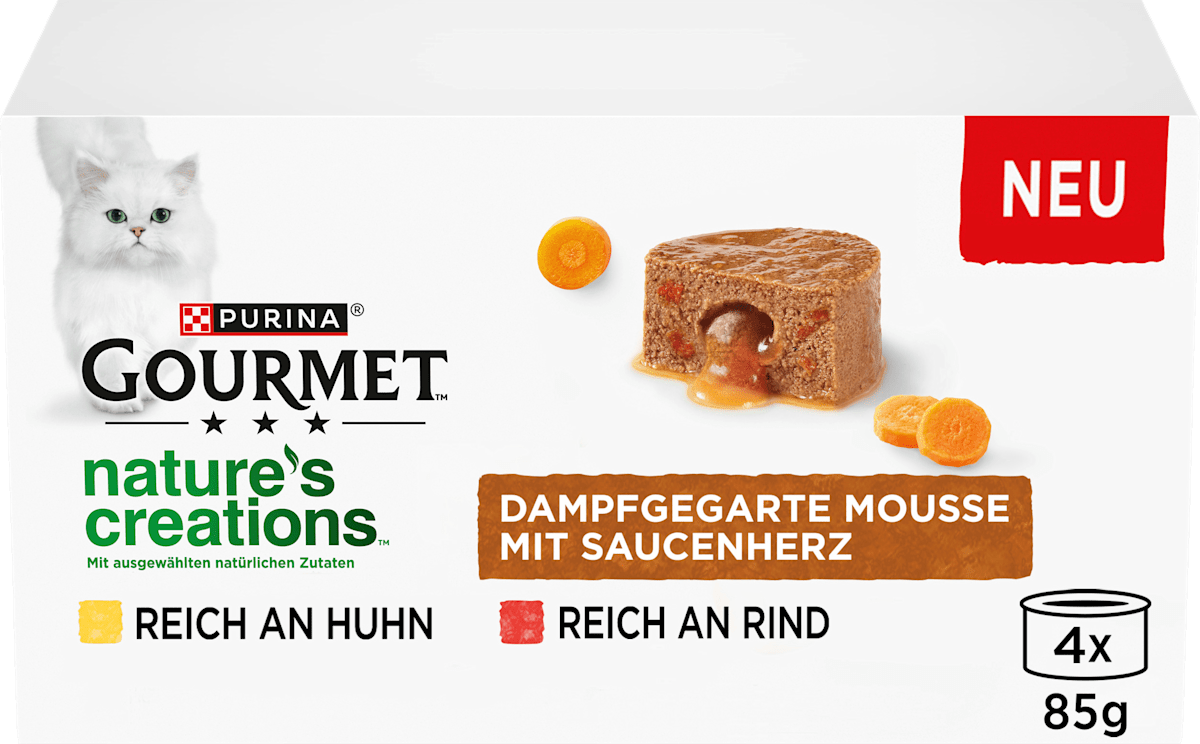 Purina Gourmet Nassfutter Katze mit Huhn & Rind, nature's creations Mousse mit Saucenherz ...