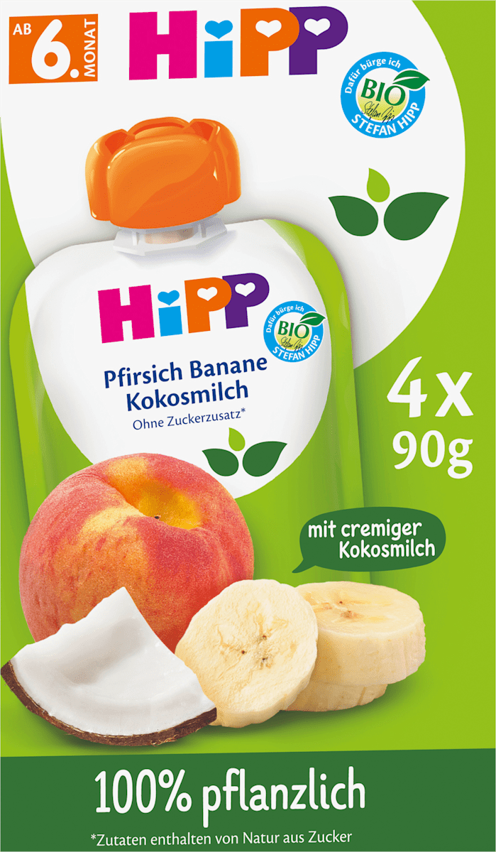 Hipp Quetschie Pfirsich-Banane mit Kokosmilch, ab 6 Monaten (4x90 g), 360 g dauerhaft günstig ...
