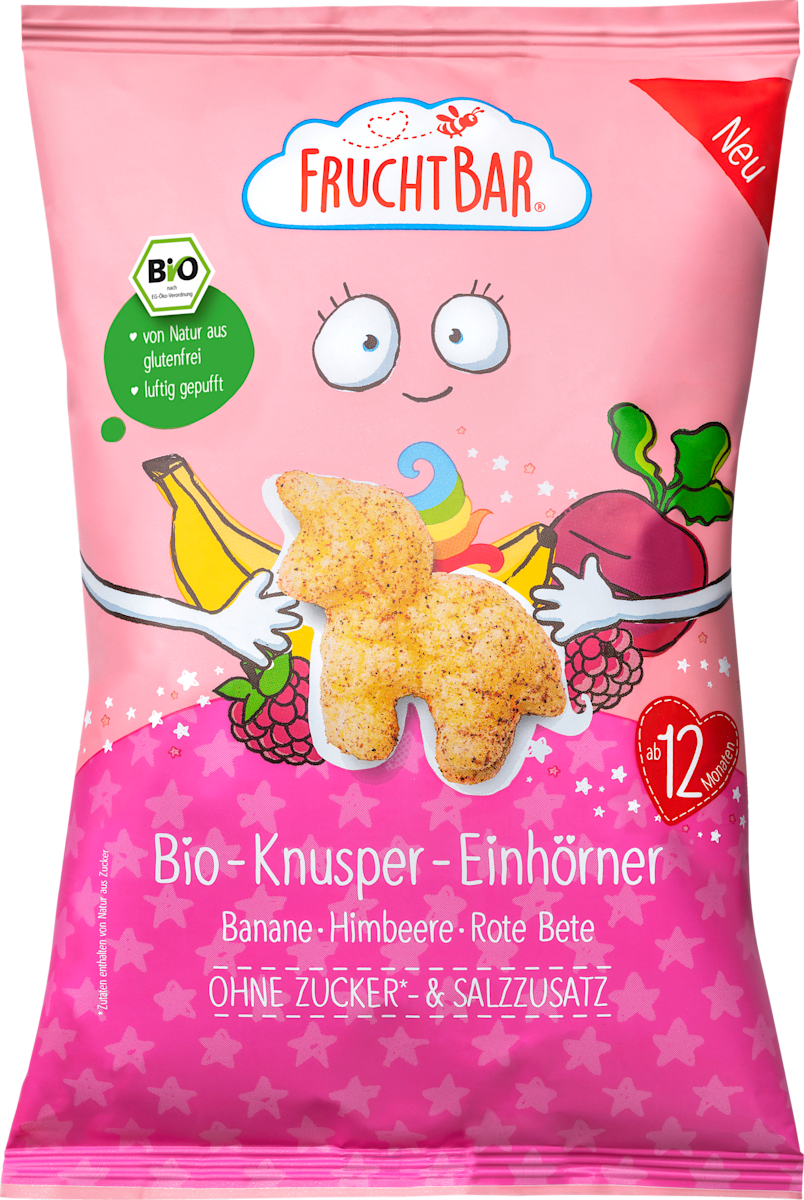 FruchtBar Kindersnack Bio-Knusper-Einhörner, Mais, Himbeere, Banane ...