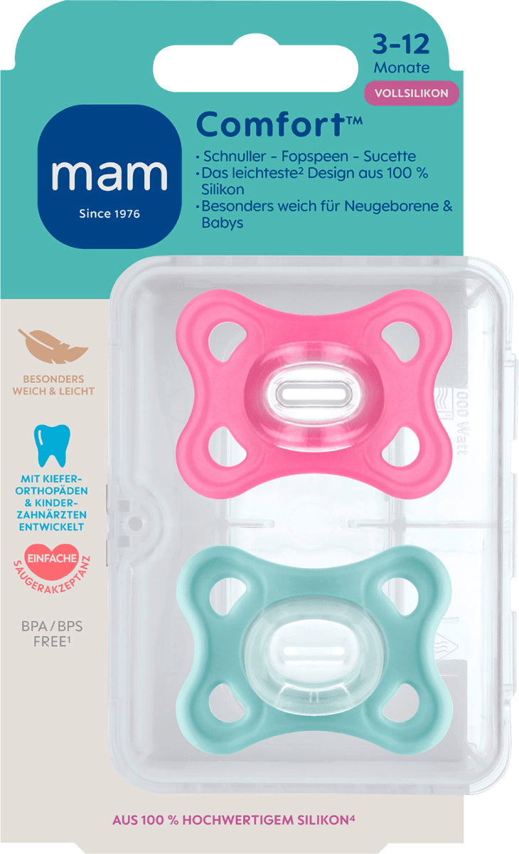 MAM Schnuller Comfort Silikon, pink/grün, 3-12 Monate, 2 St dauerhaft ...